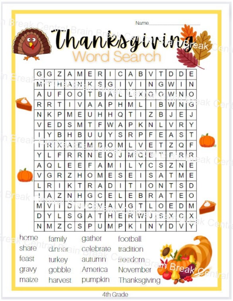 4th Grade Thanksgiving Word Search With Answer Key, Printable - Etsy