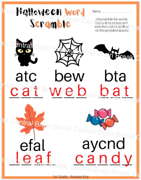 1st Grade Halloween Word Scramble Worksheet With Answer Key, Printable ...