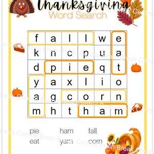 Pre-k Thanksgiving Word Search With Answer Key, Printable - Etsy