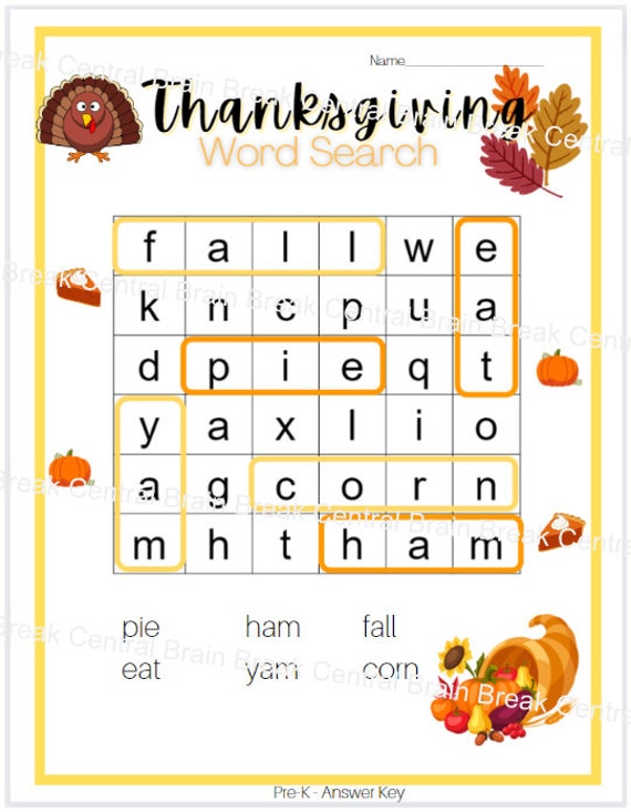 Pre k Thanksgiving Word Search With Answer Key Printable Etsy