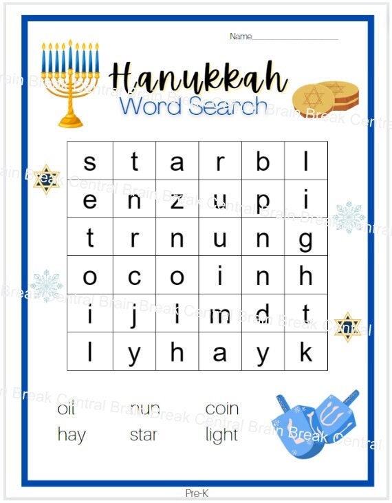 Pre-k Hanukkah Word Search With Answer Key, Printable - Etsy