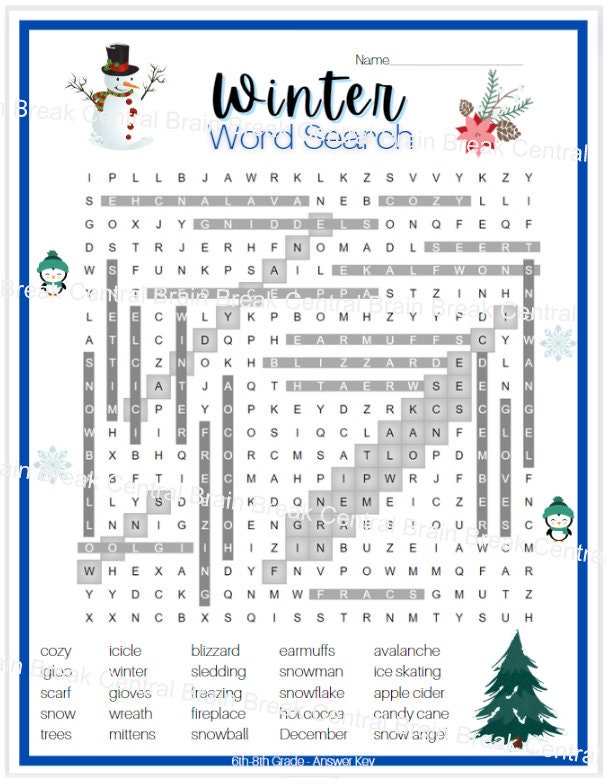 6th-8th Grade Winter Word Search With Answer Key, Printable - Etsy
