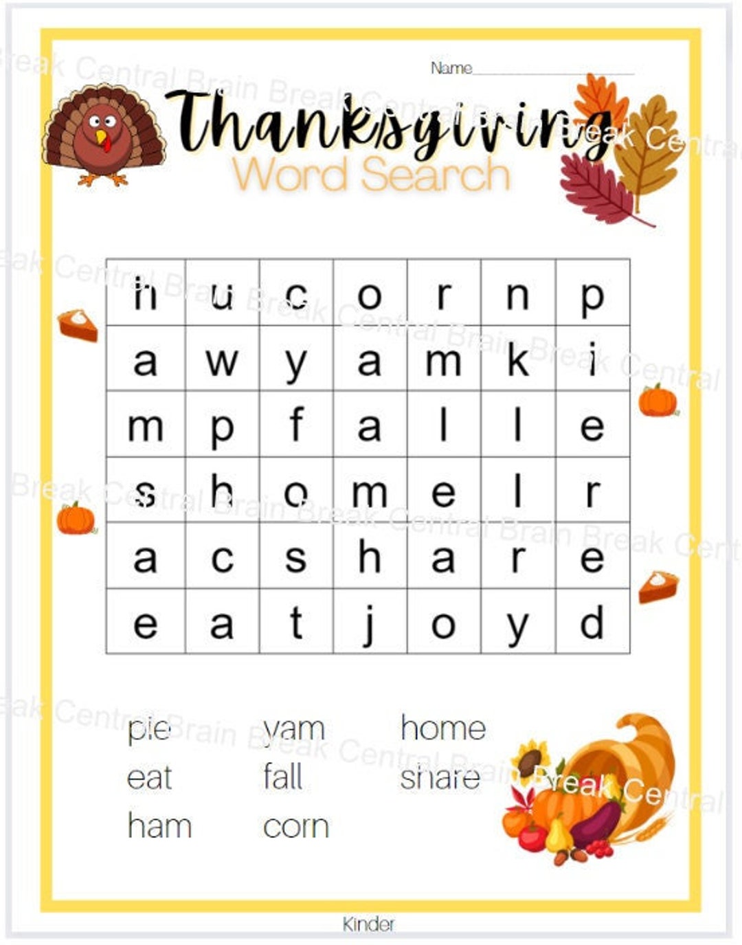 Kindergarten Thanksgiving Word Search With Answer Key, Printable - Etsy