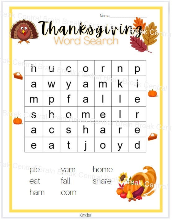 Kindergarten Thanksgiving Word Search With Answer Key, Printable - Etsy