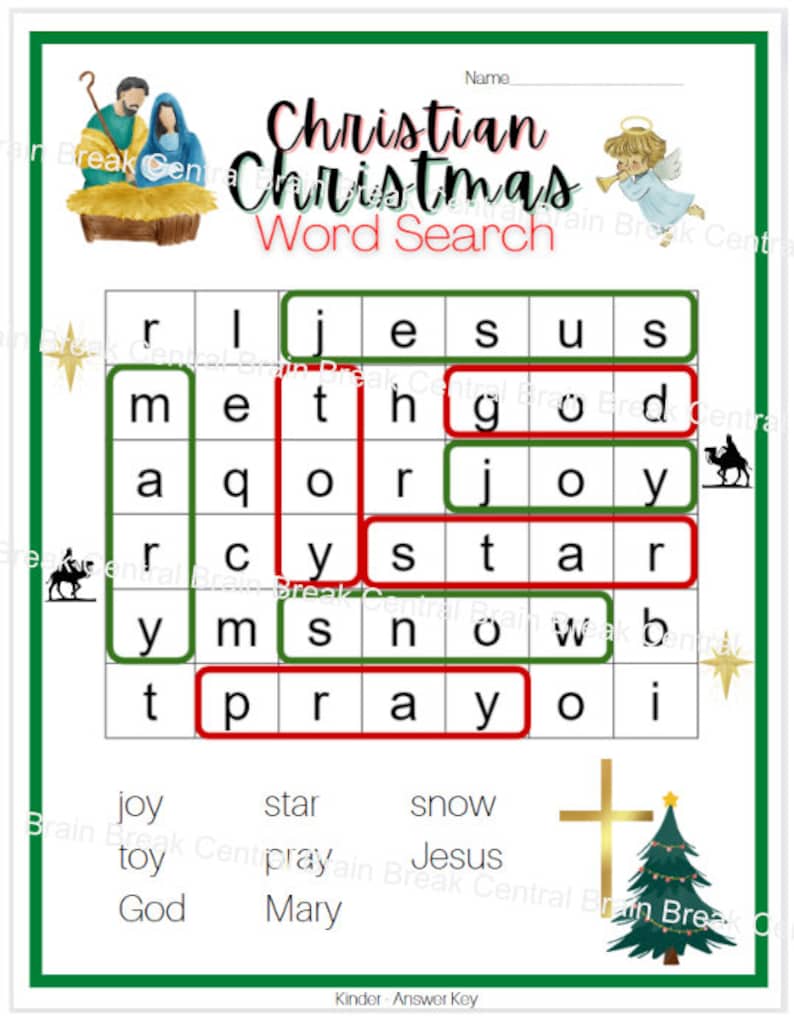 Kindergarten Christian Christmas Word Search With Answer Key, Printable ...