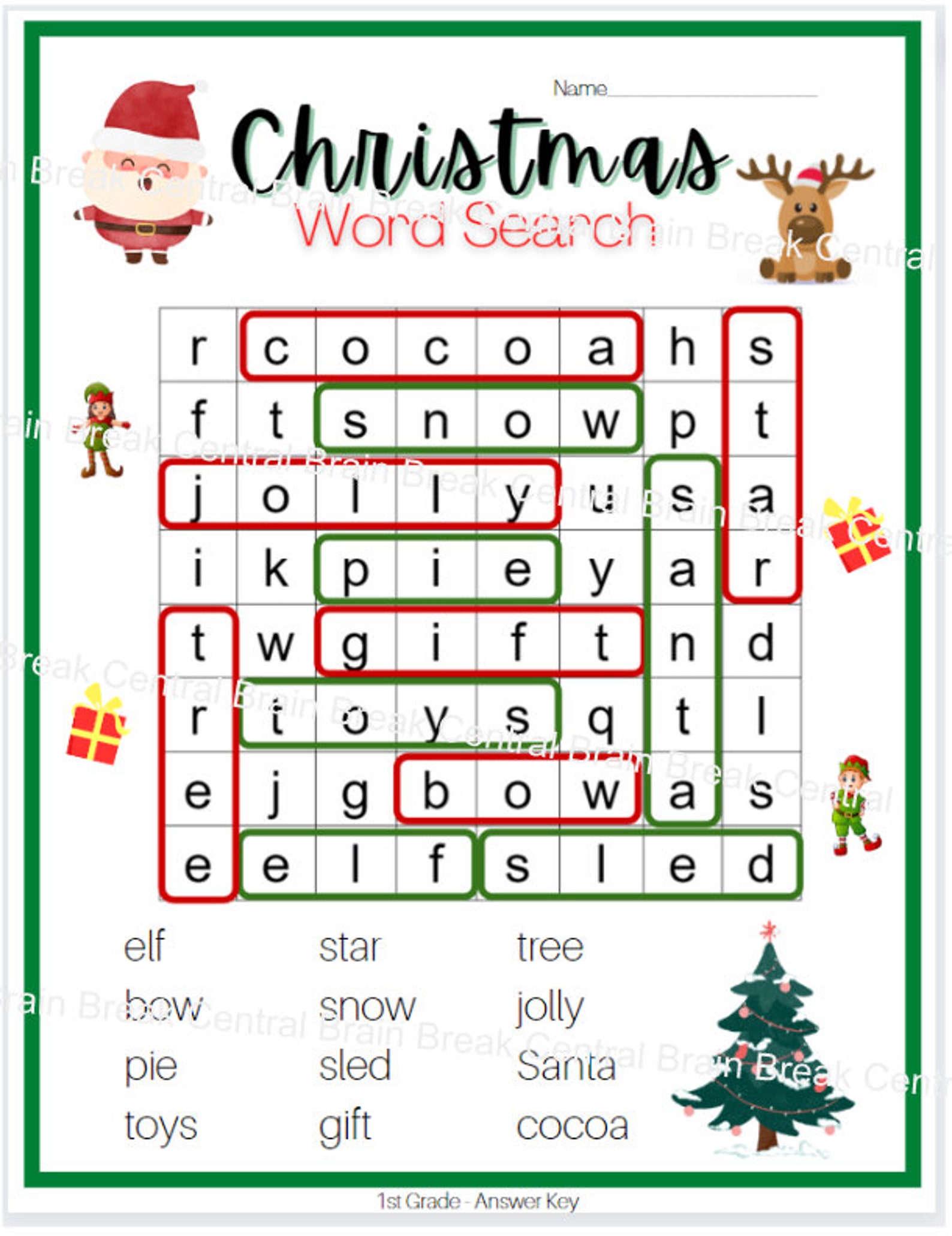 1st Grade Christmas Word Search With Answer Key, Printable - Etsy