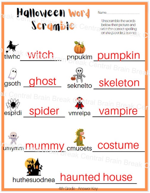 4th Grade Halloween Word Scramble Worksheet With Answer Key - Etsy