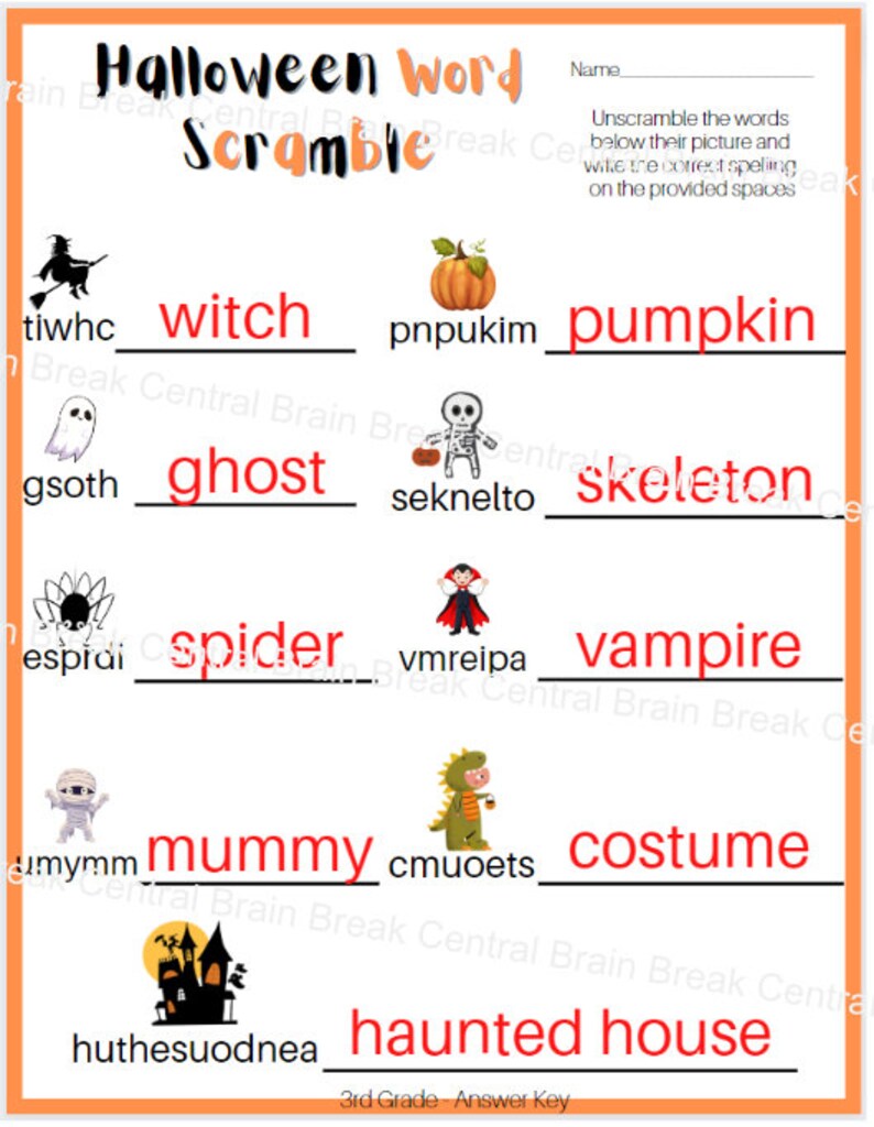 3rd Grade Halloween Word Scramble Worksheet With Answer Key, Printable ...