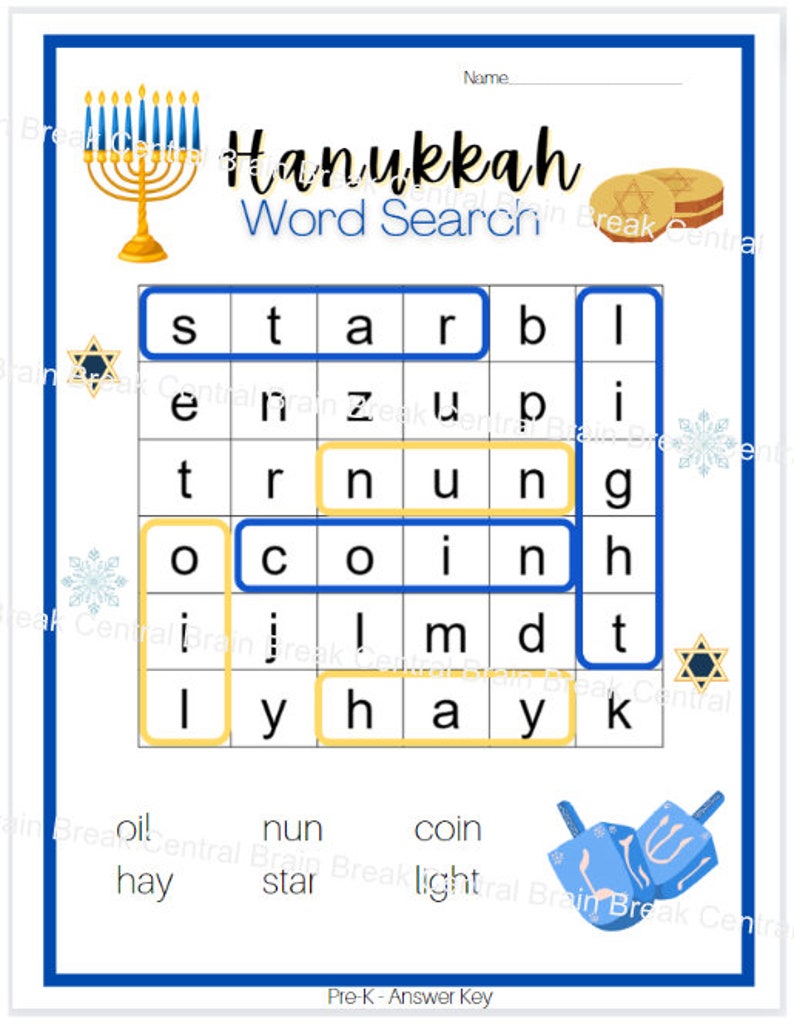 Pre-k Hanukkah Word Search With Answer Key, Printable - Etsy