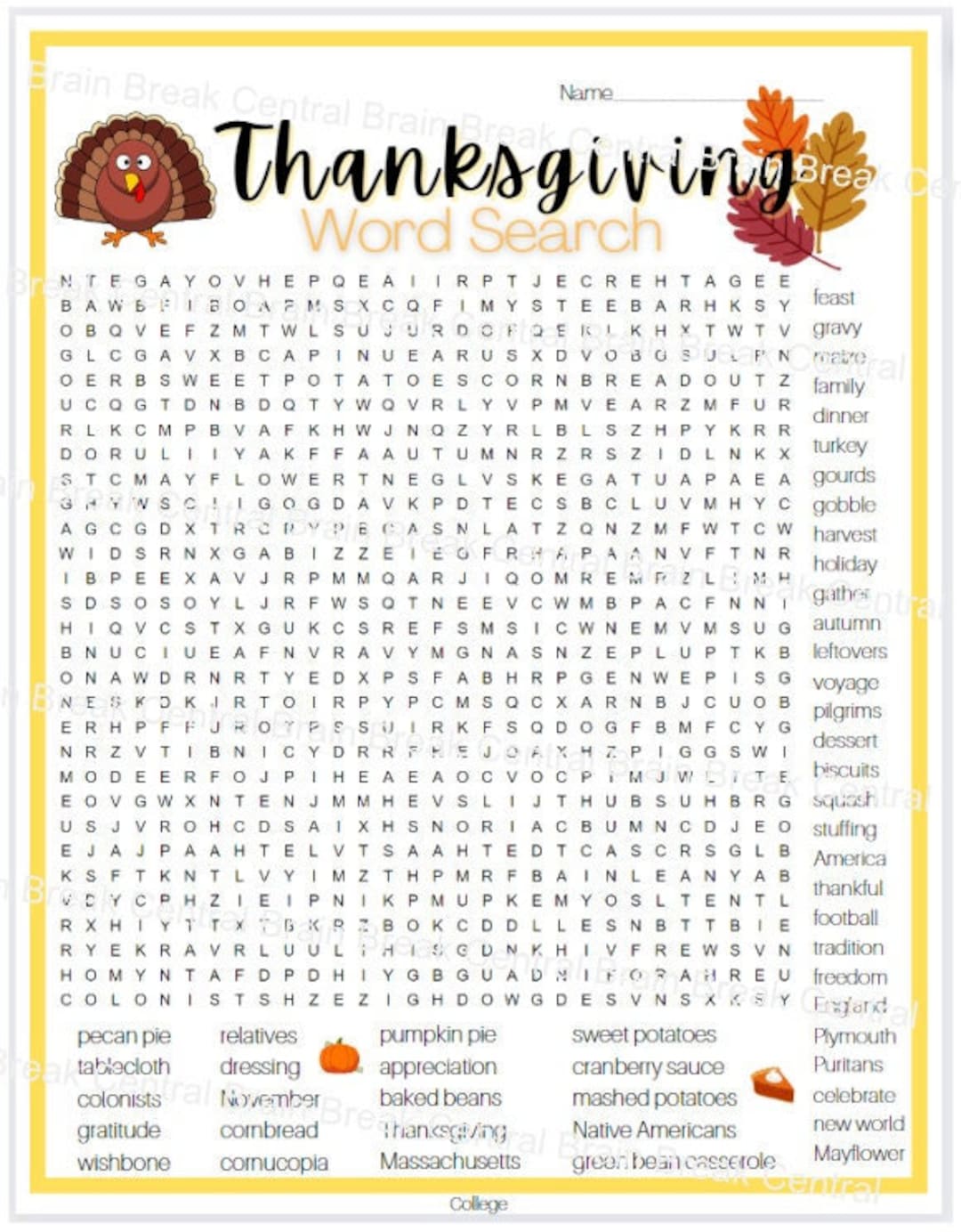 College/adult Thanksgiving Word Search With Answer Key, Printable - Etsy