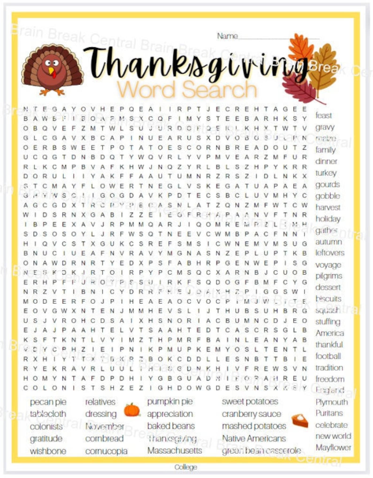 College/adult Thanksgiving Word Search With Answer Key, Printable - Etsy