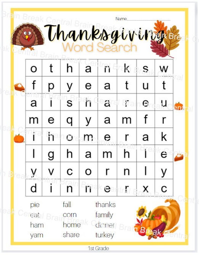1st Grade Thanksgiving Word Search With Answer Key, Printable - Etsy
