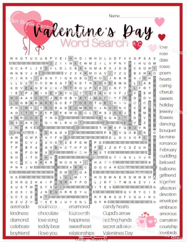 College/adult Valentine's Day Word Search With Answer Key, Printable ...