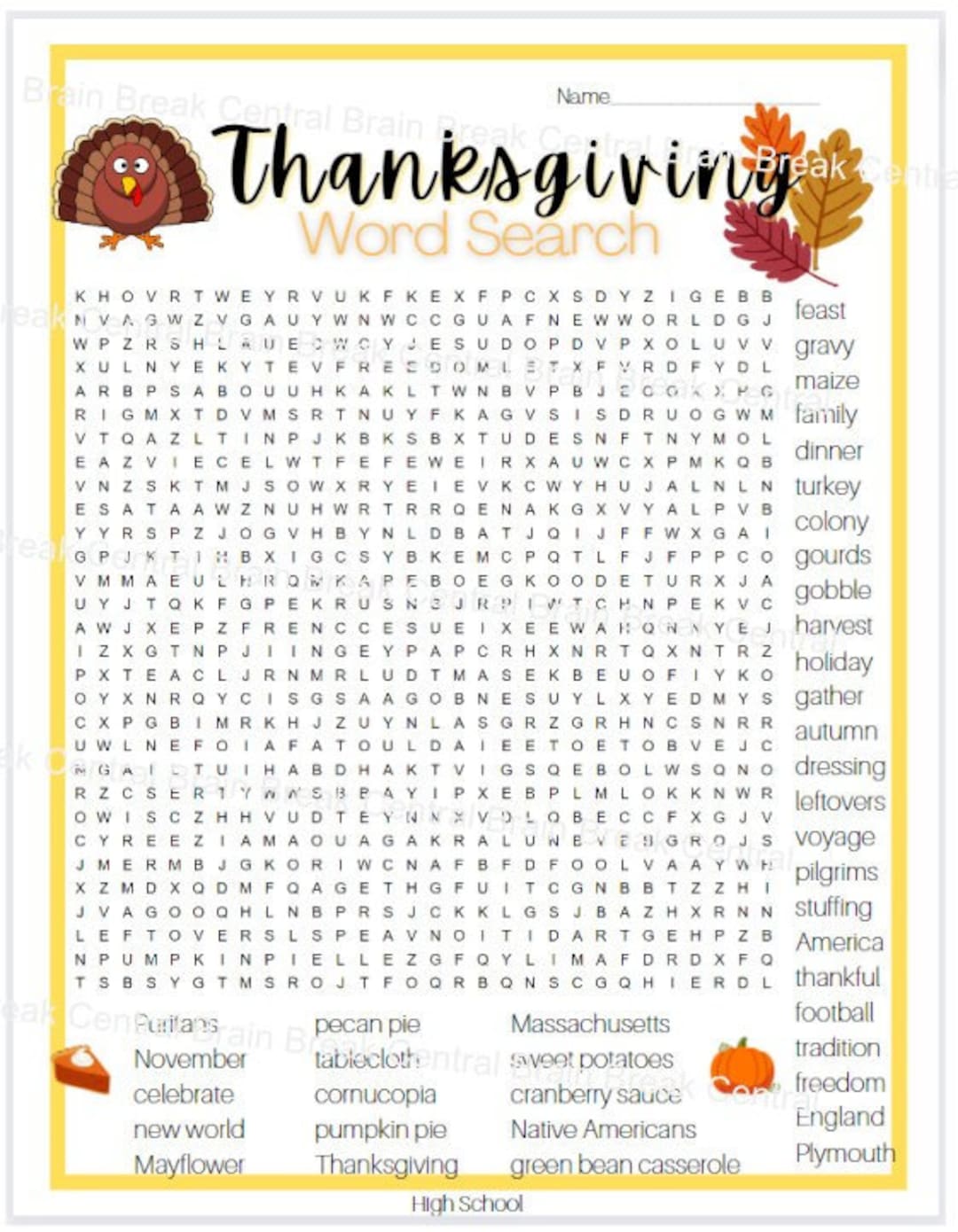 High School Thanksgiving Word Search With Answer Key, Printable - Etsy