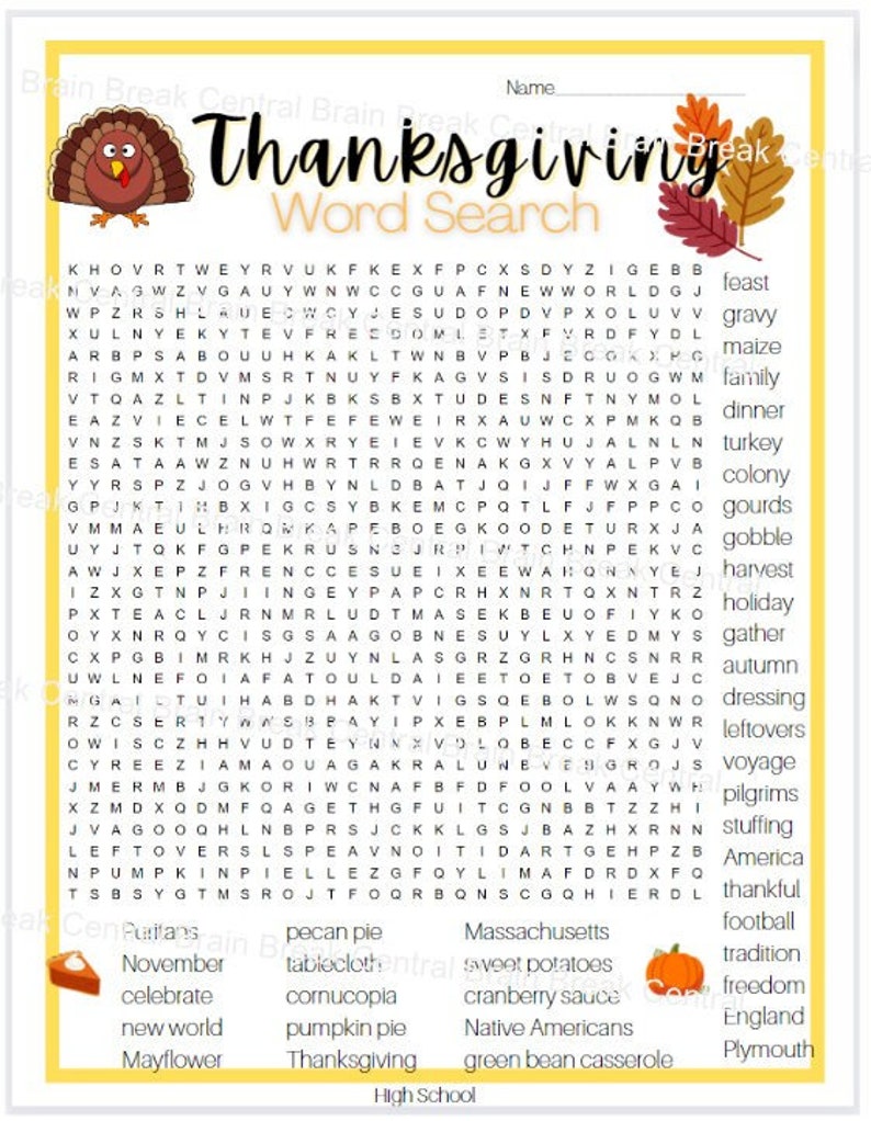 High School Thanksgiving Word Search With Answer Key, Printable - Etsy