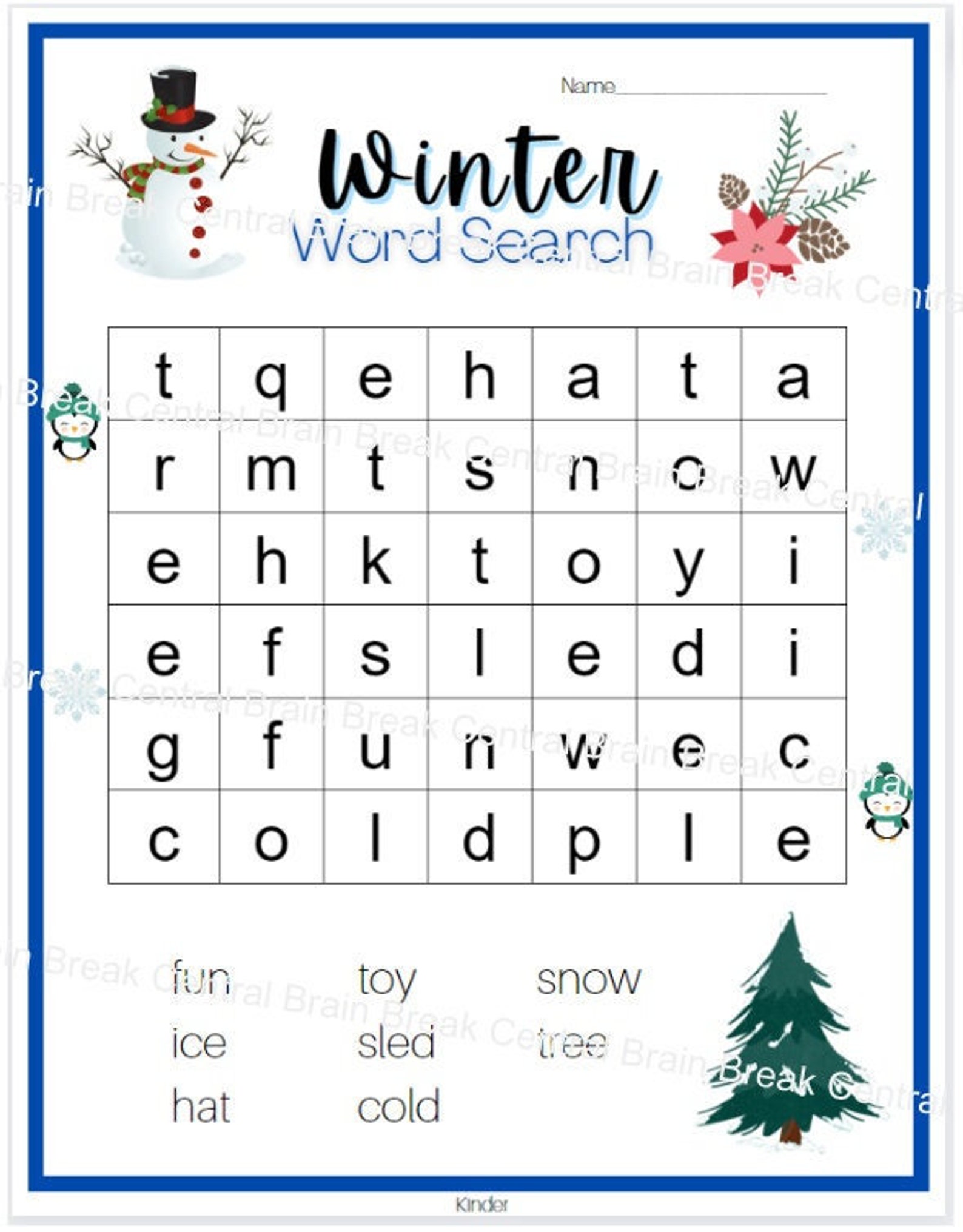 Kindergarten Winter Word Search With Answer Key, Printable - Etsy
