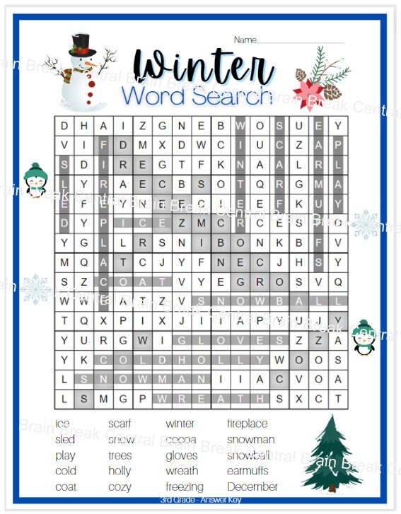3rd Grade Winter Word Search With Answer Key, Printable - Etsy