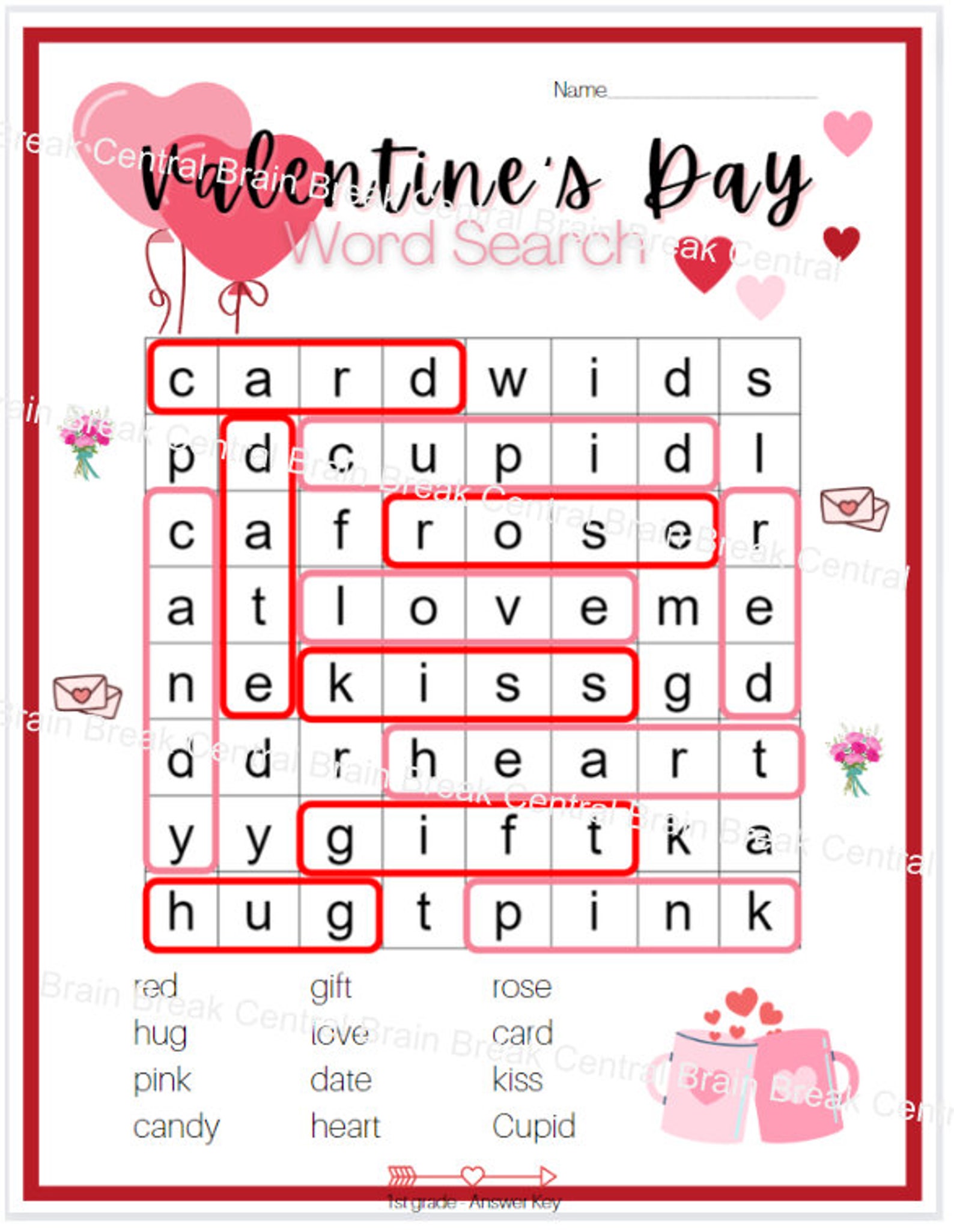 1st Grade Valentine's Day Word Search With Answer Key, Printable - Etsy