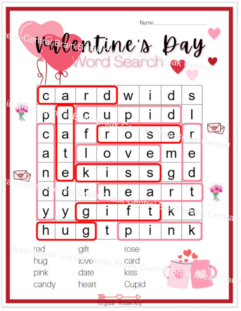 1st Grade Valentine's Day Word Search With Answer Key, Printable - Etsy