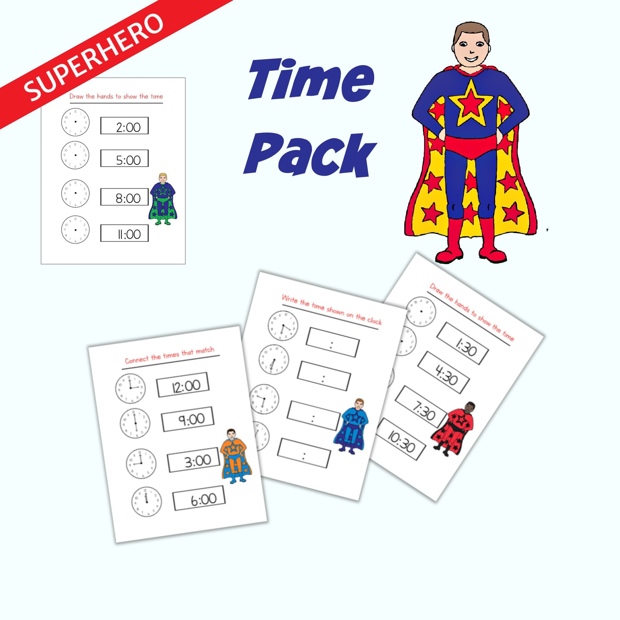Superhero Time Pack, Learning Time Printables, Learning Time Worksheets ...