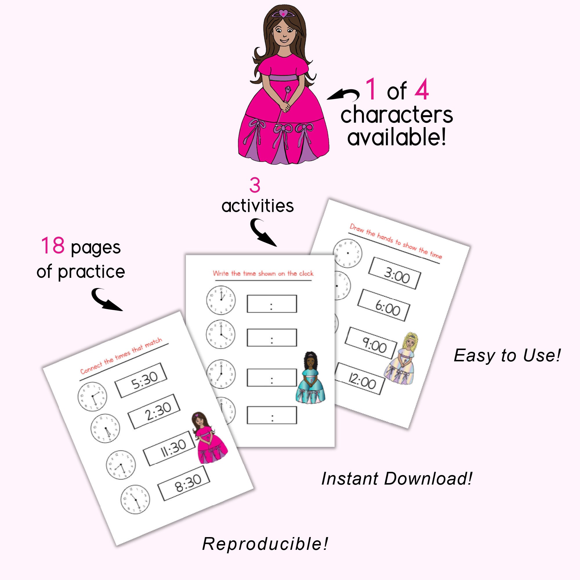 Princess Time Pack, Learning Time Printables, Learning Time Worksheets ...