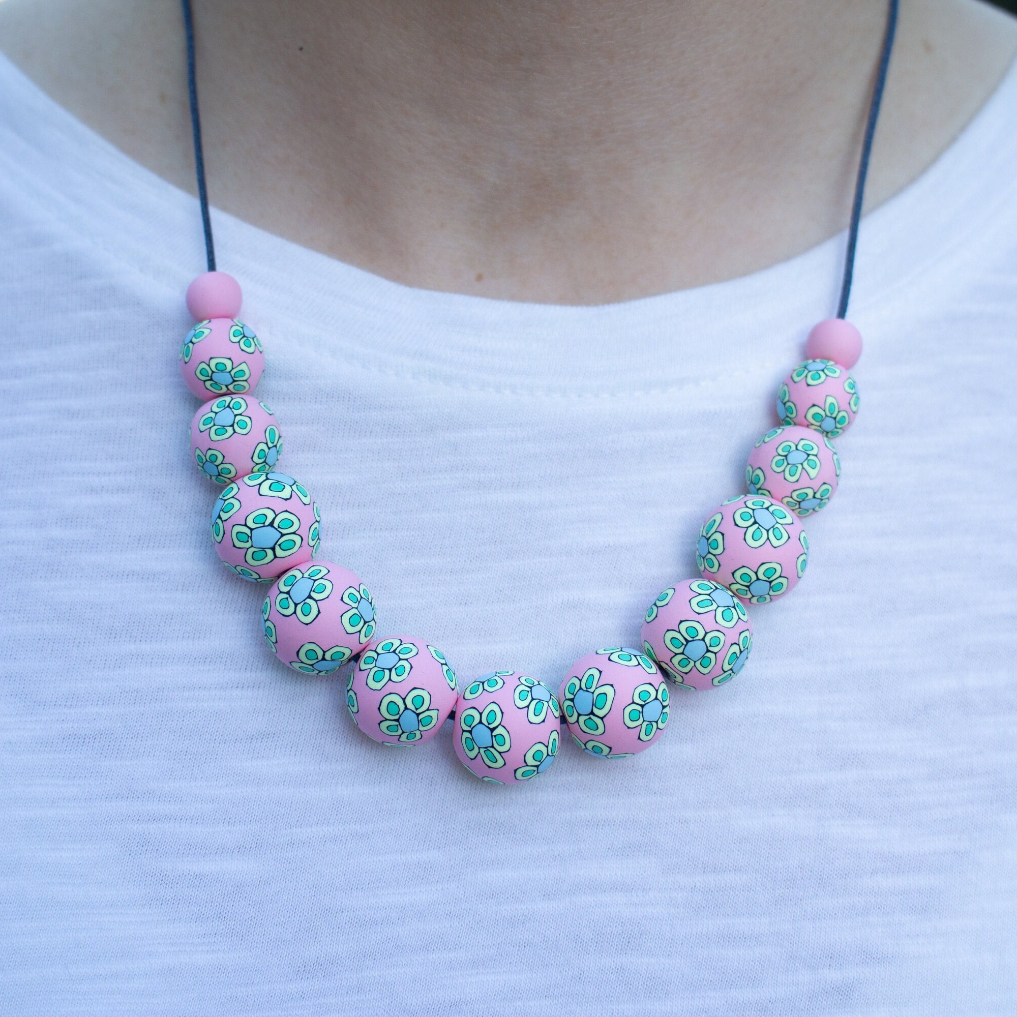 Pastel Old Fashioned Cottage Flower Beaded Necklace, Handmade Gift for ...