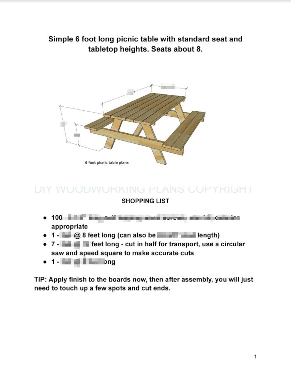6 Foot Picnic Table Plans, PDF Download, Picnic Table, Woodworking ...