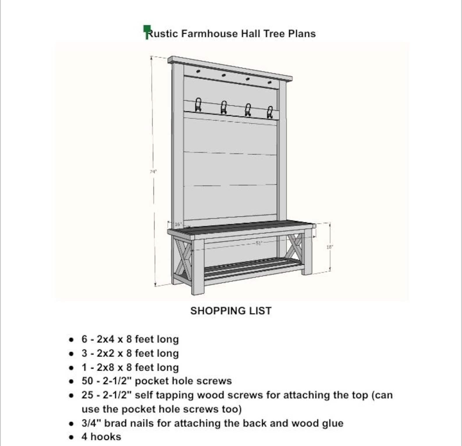 Rustic Farmhouse Hall Tree Plans PDF Download, Woodworking Plans, DIY ...