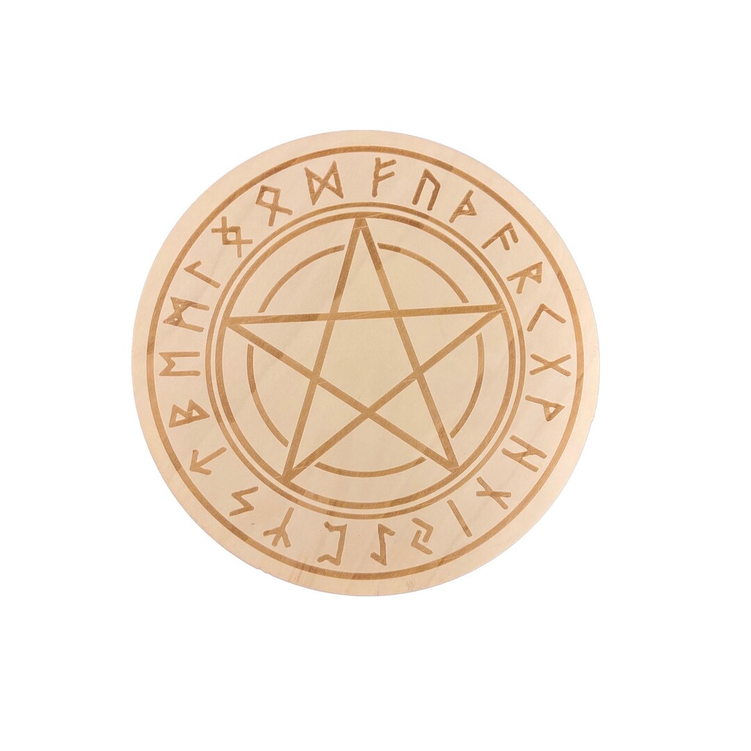 Wooden Pentacle Crystal Grid & Altar Tile – 12" Runic Engraved ...