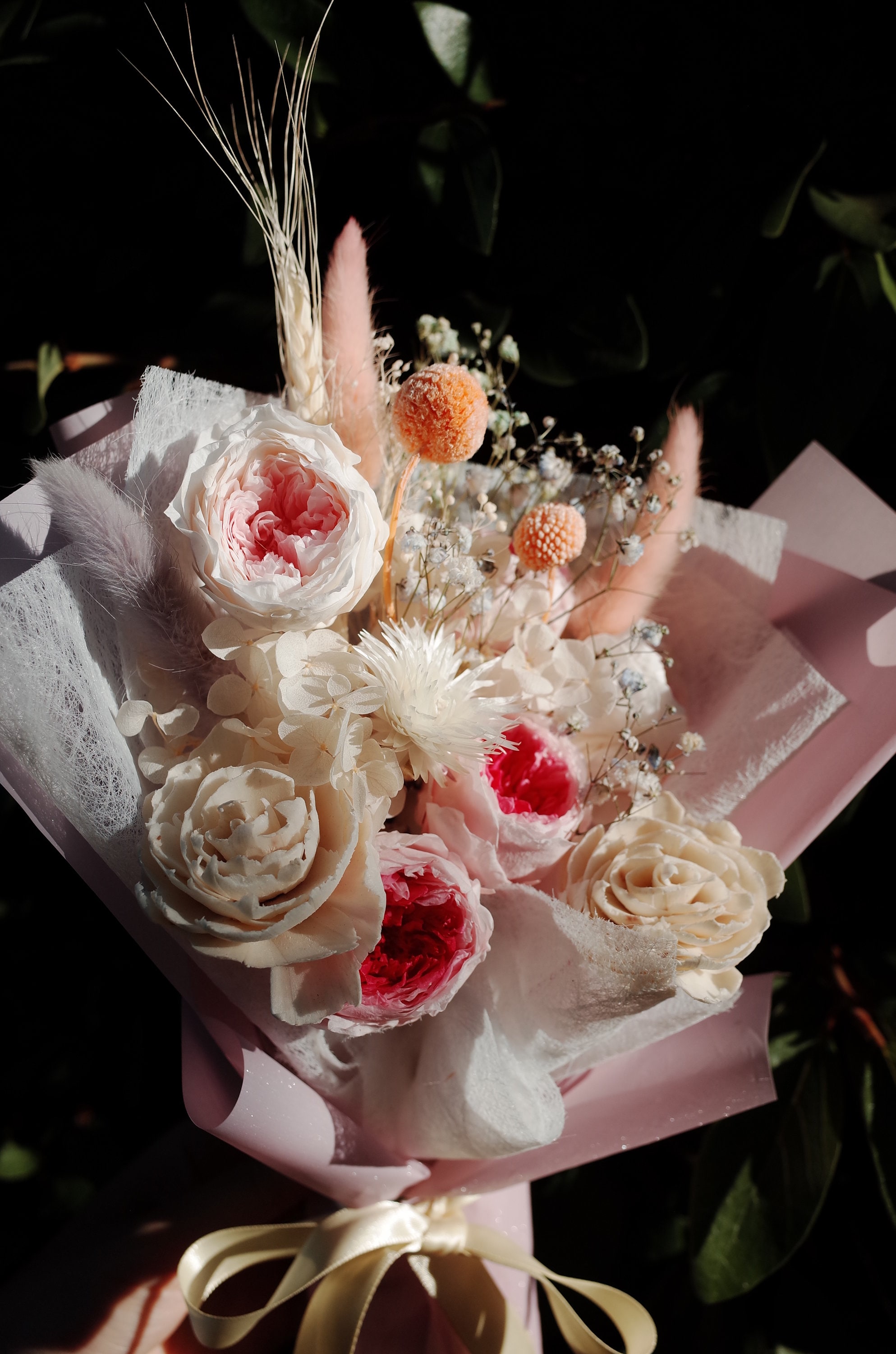 Sola Flower Bouquet: Preserved Roses, Bunny Tails, Boho Wedding Decor ...