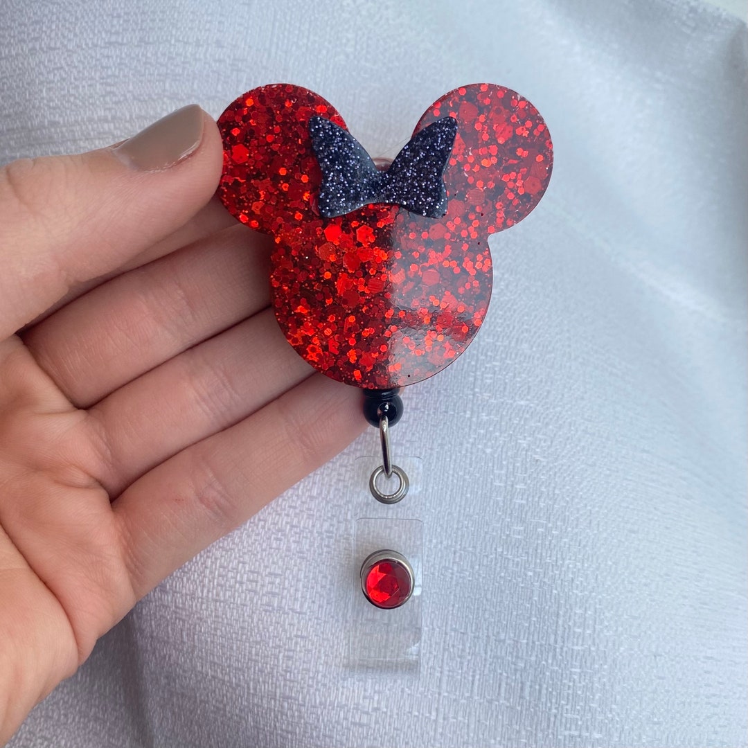 Red Glitter Minnie Mouse Inspired Badge Reel Badge Holder - Etsy