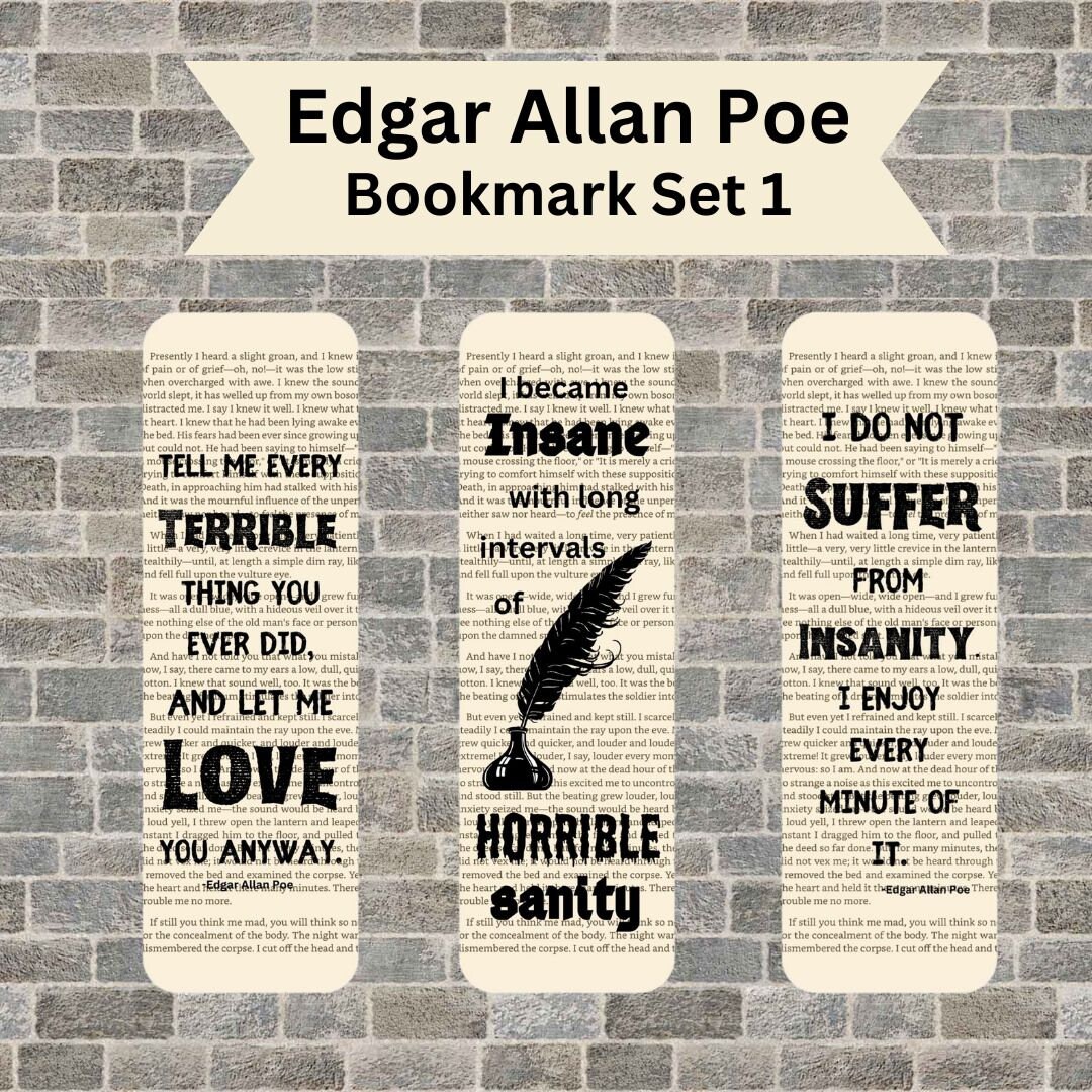 Edgar Allan Poe Book Page Bookmark Set, Edgar Allan Poe Quotes, Bookish ...