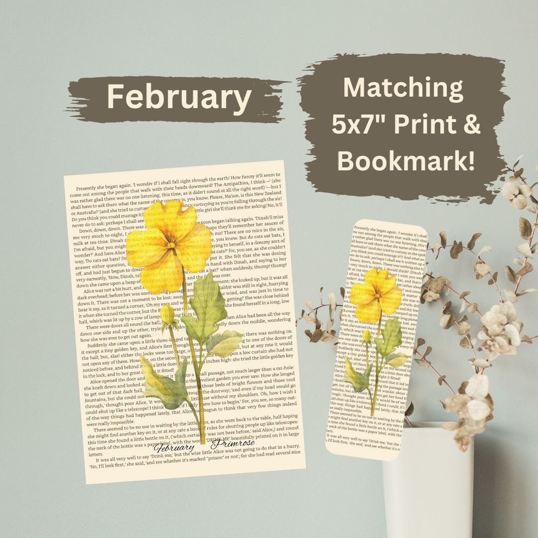 February Primrose Birth Month Flower Bookmark and 5x7 Art Print Set ...