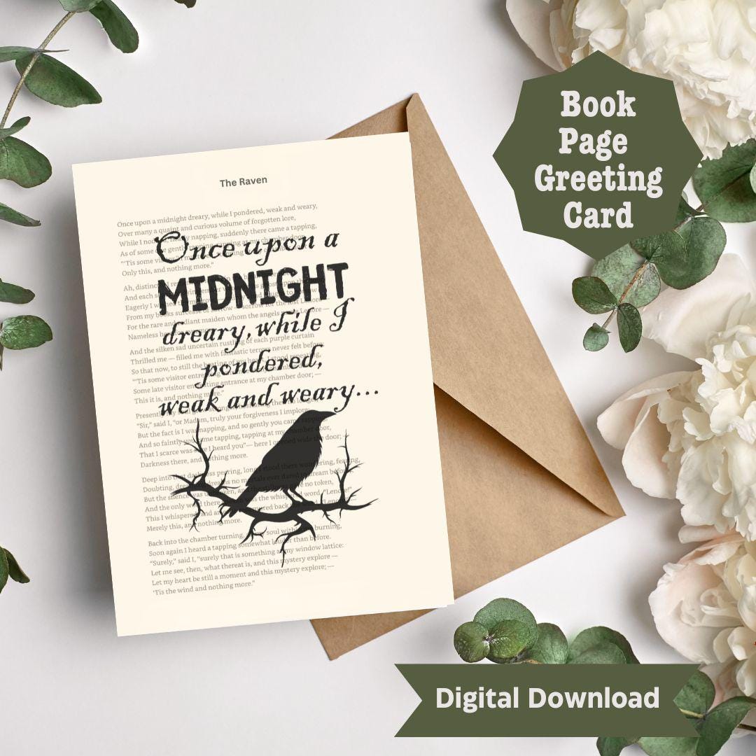 Edgar Allan Poe Greeting Card Printable, Bookish Greeting Card, Book ...