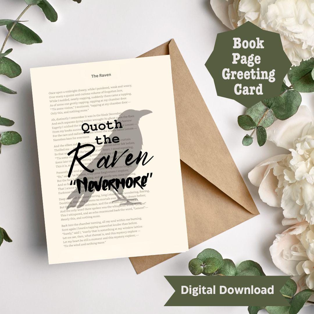 Edgar Allan Poe Greeting Card Printable, Bookish Greeting Card, Book ...