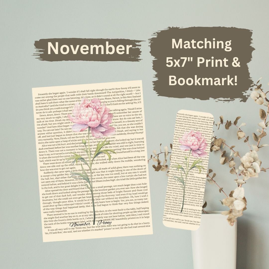 November Peony Birth Month Flower Bookmark and 5x7 Art Print Set, Peony ...