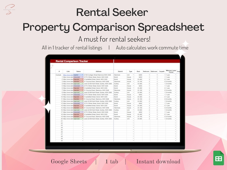Rental Seeker Property Comparison Spreadsheet Tracker-- Real Estate ...