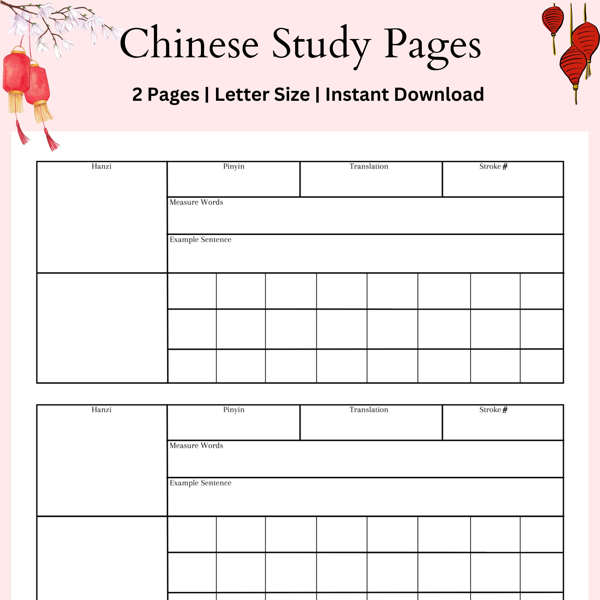 Chinese Hanzi Reference Paper - Printable Worksheets Goodnotes ...