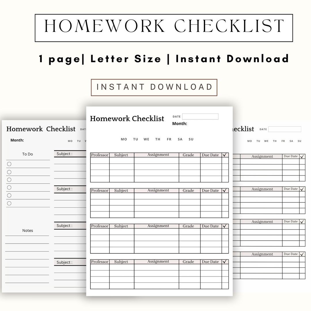 Homework Checklists, Daily Homework Planner, Weekly Homework Checklist ...