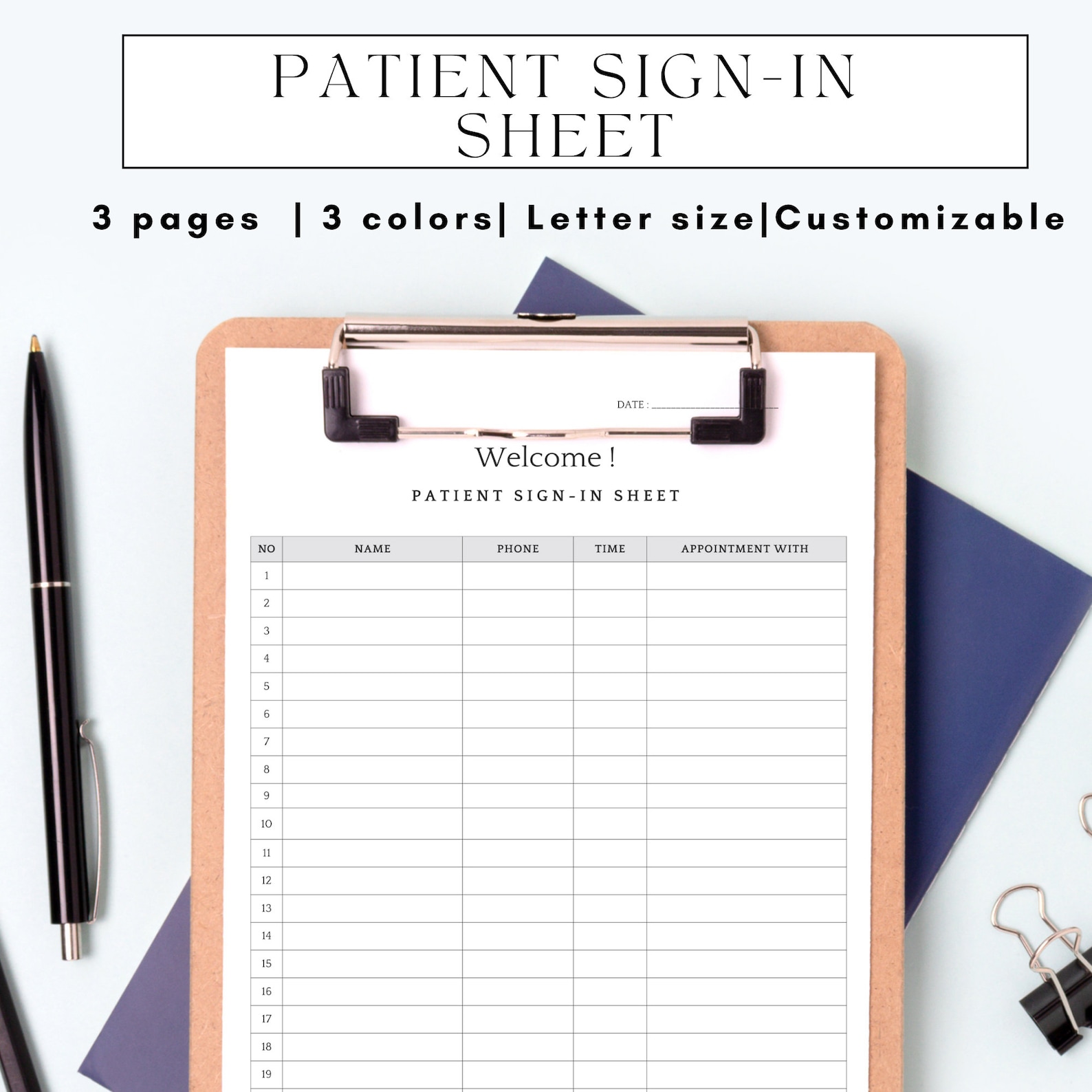 Editable Patient Sign in Sheet Client Sign in Sheet Patient Sign in ...