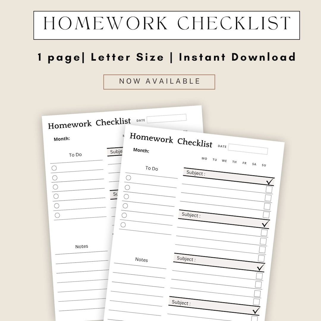Homework Checklists, Daily Homework Planner, Weekly Homework Checklist ...