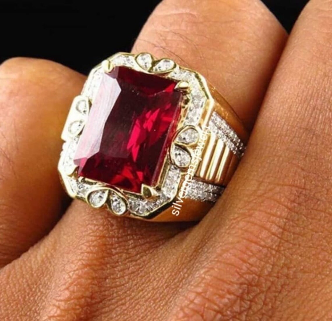 LAB RED RUBY Men's Silver Heavy Ring Ring 925 Sterling Silver Handmade ...