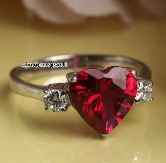 LAB RED RUBY Heart Shape Ring 925 Sterling Silver Ring Girls & Women's ...
