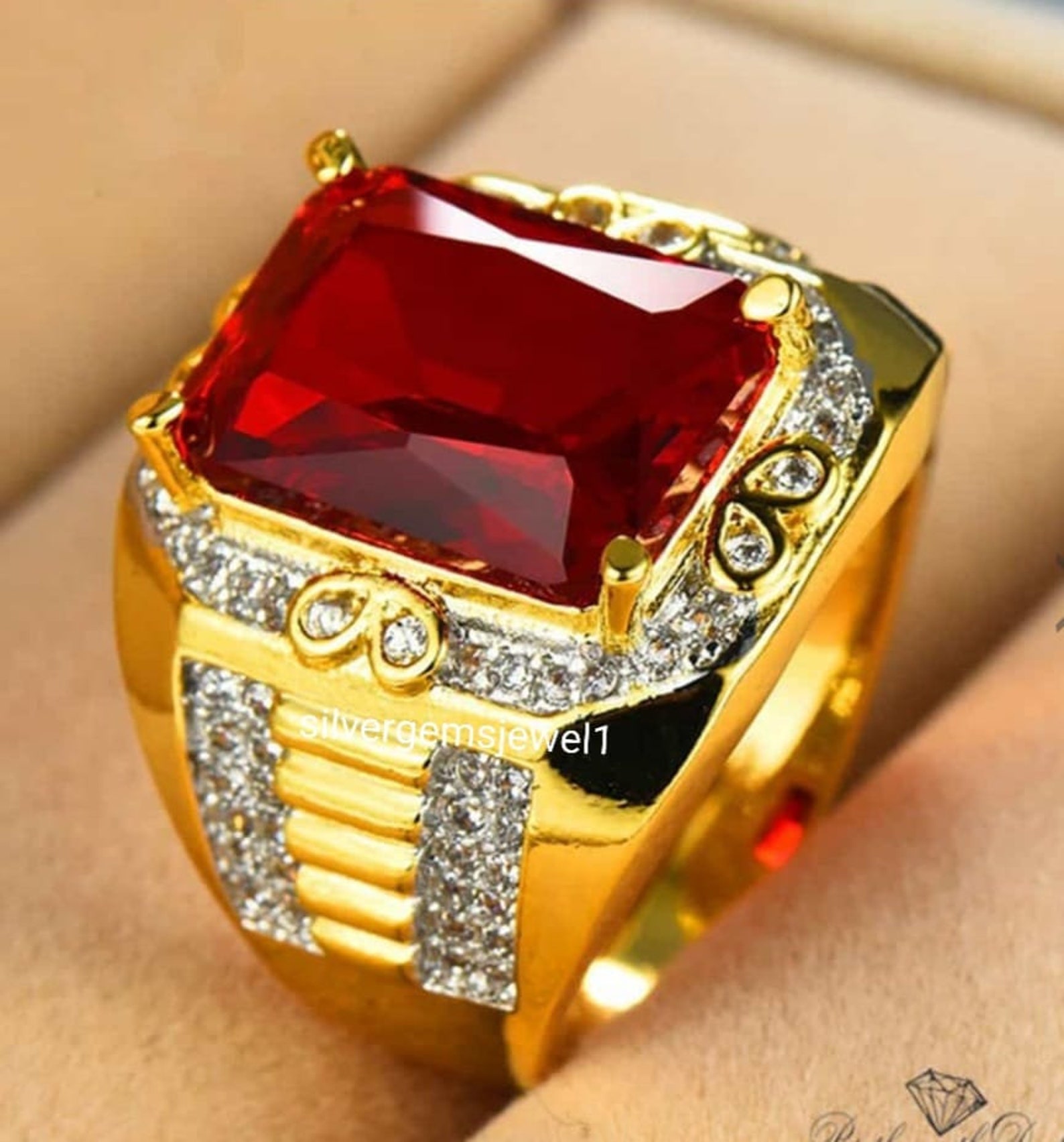 LAB RED RUBY Men's Silver Heavy Ring Ring 925 Sterling Silver Handmade ...