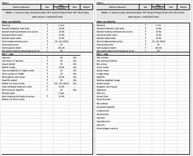 Gym Training 8 Week Program Template - Etsy