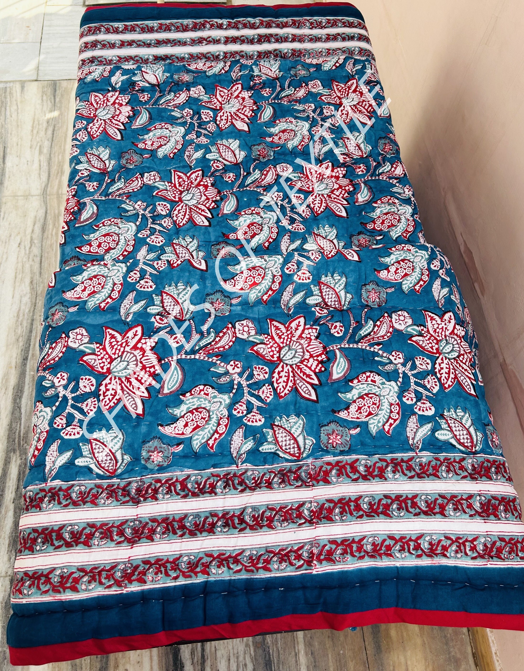 Hand Block Print Handmade Queen Floral Cotton Quilted Quilt Cotton ...