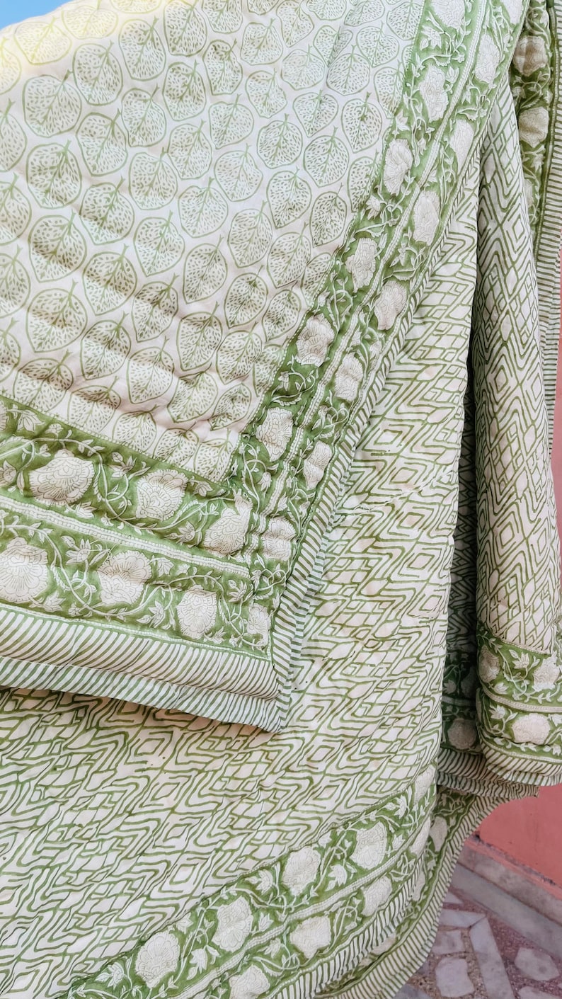 Green Beautiful Hand Block Print Quilt Floral Quilt Soft - Etsy