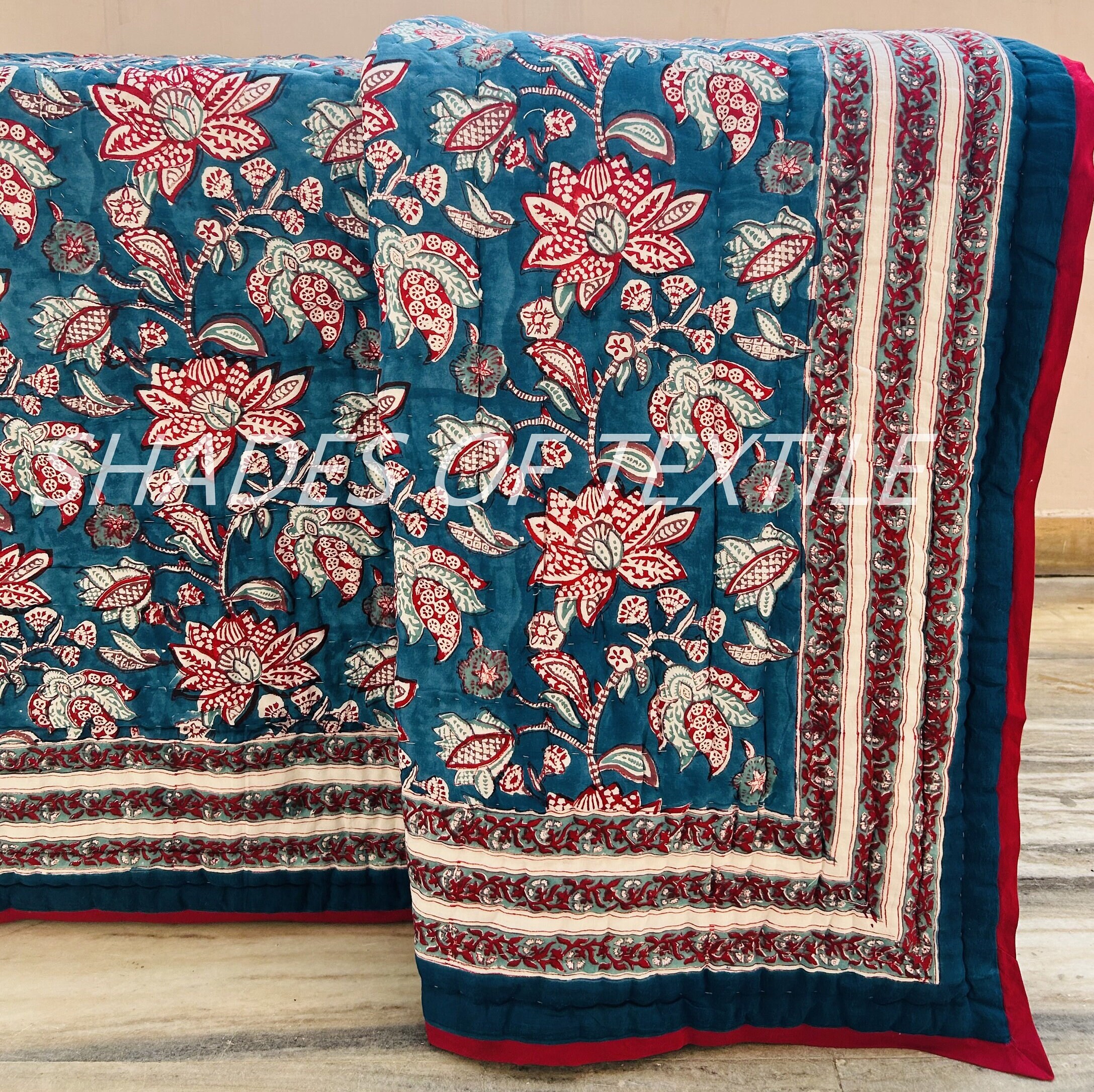 Hand Block Print Handmade Queen Floral Cotton Quilted Quilt Cotton ...