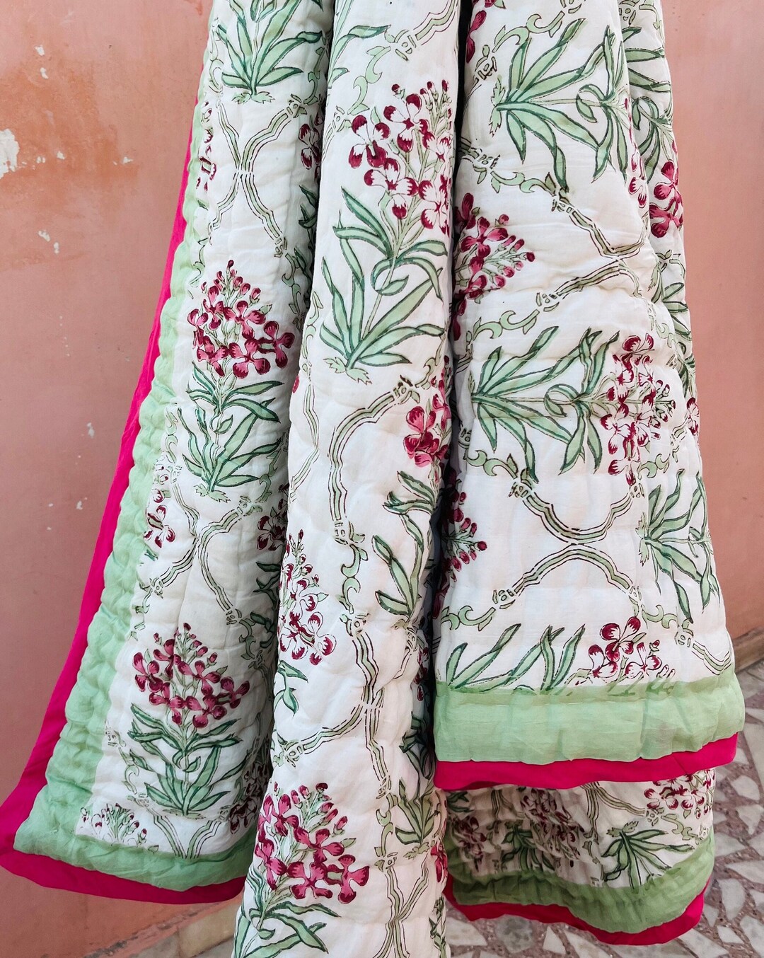 Floral Reversible Jaipuri Rajai, Quilt Indian Traditional Hand Block ...