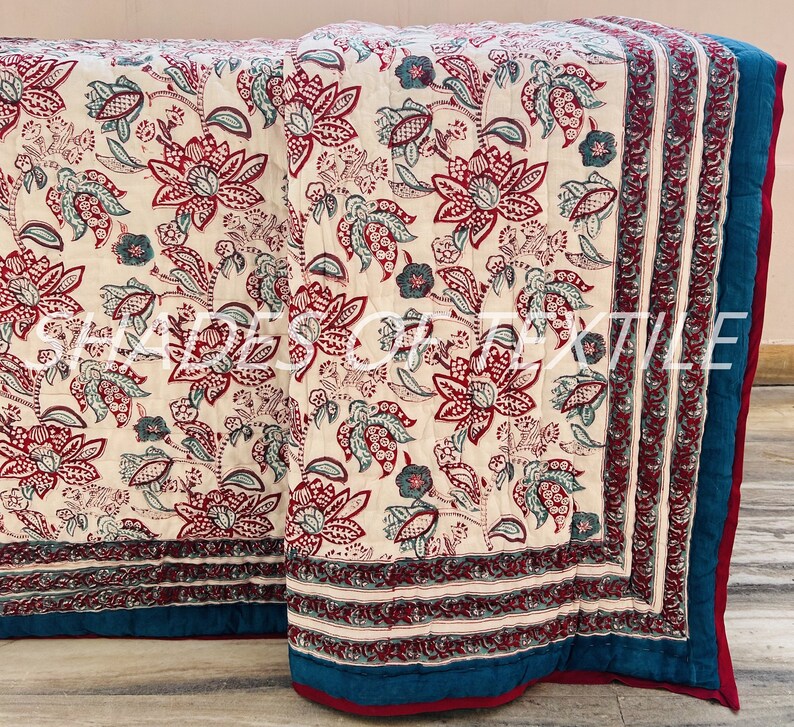 Hand Block Print Handmade Queen Floral Cotton Quilted Quilt Cotton ...